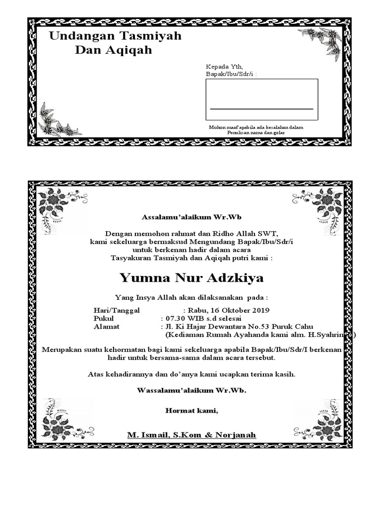 Undangan Tasmiyah dan Aqiqah | PDF
