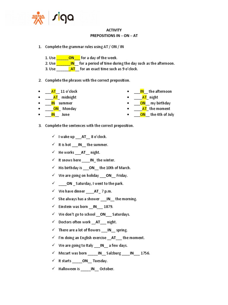 Prepositions In, On, At: Usage Guide | PDF | Language Arts & Discipline