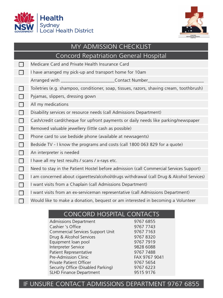 My Admission Checklist Concord Repatriation General Hospital | PDF