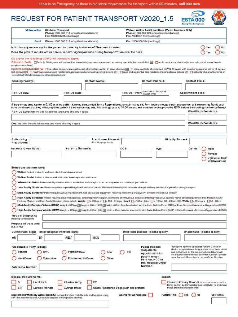 Request For Patient Transport V2020 - 1.5 | PDF | Mental Disorder ...