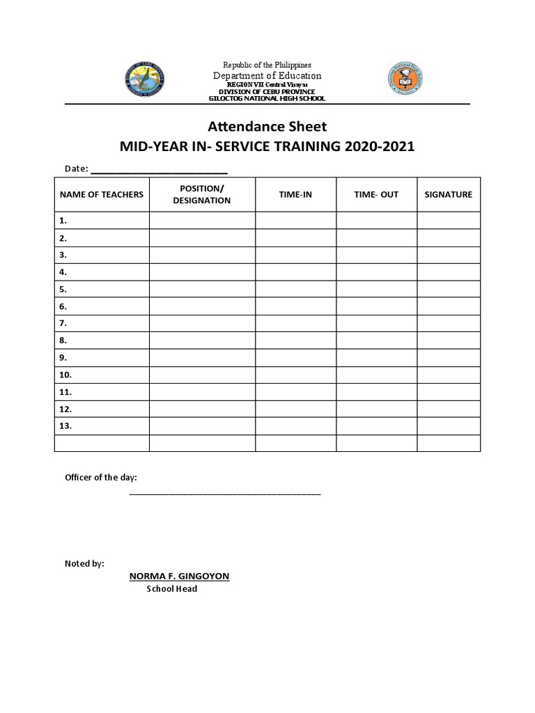 Sample Attendance Sheet For Brigada Eskwela