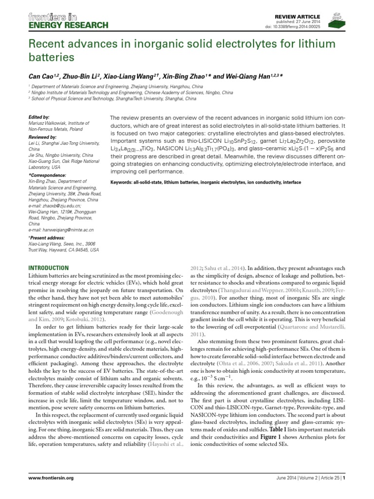 Recent Advances in Inorganic Solid Electrolytes Fo | PDF | Lithium Ion ...