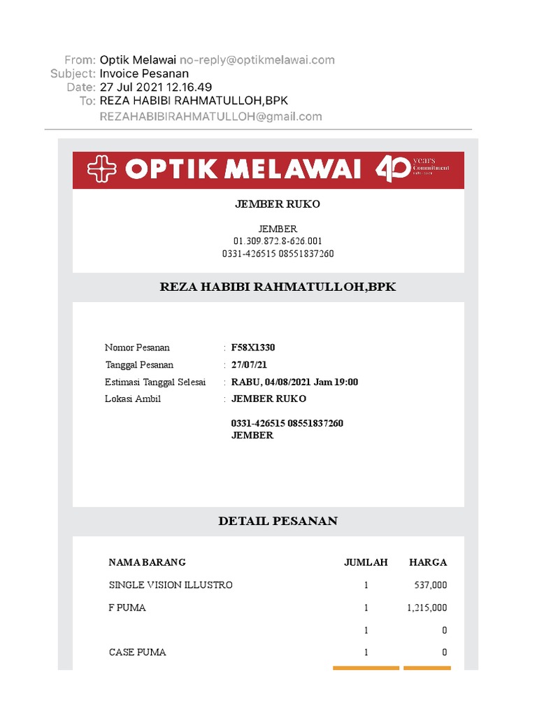Kwitansi Melawai Optik | PDF