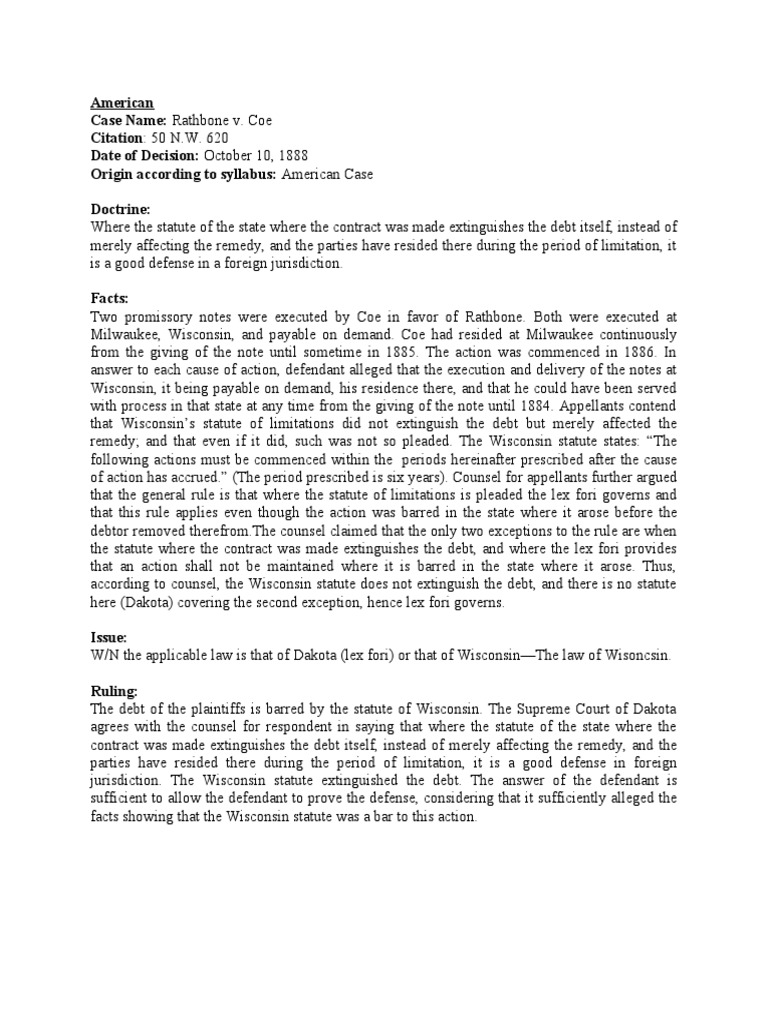 American Case Name: Rathbone v. Coe Citation: 50 N.W. 620 Date of ...