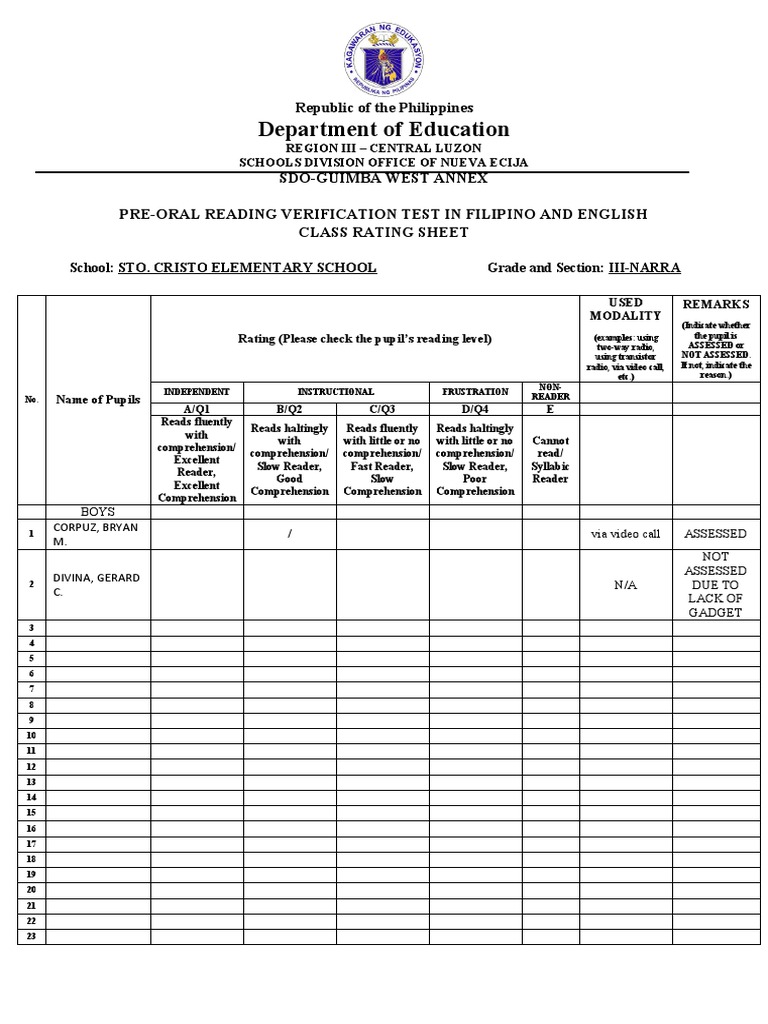Oral Reading Verification Sheet | PDF