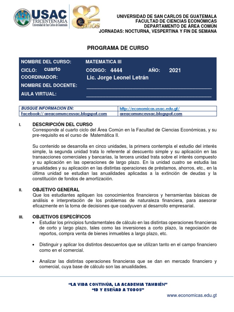 Programa 2021 Matematica Iii | PDF | Interés | Amortización (Negocio)