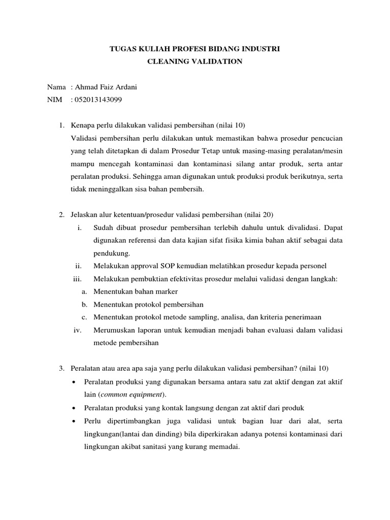 Tugas Cleaning Validation | PDF