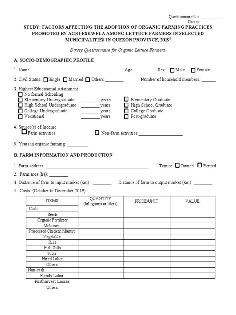 Survey Questionnaire For Organic Lettuce Farmers | PDF | Organic ...