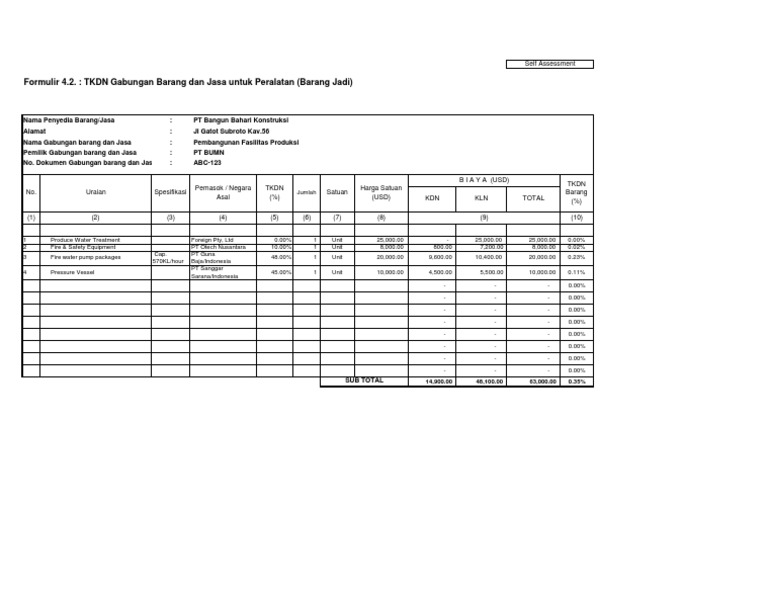 Contoh Form 4.2 Isian TKDN Barang&Jasa - Depperin | PDF