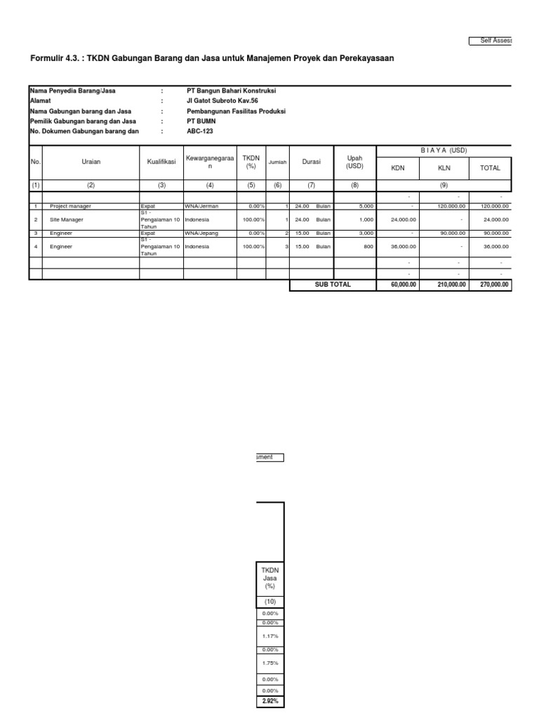 Contoh Form 4.3 Isian TKDN Barang&Jasa - Depperin | PDF