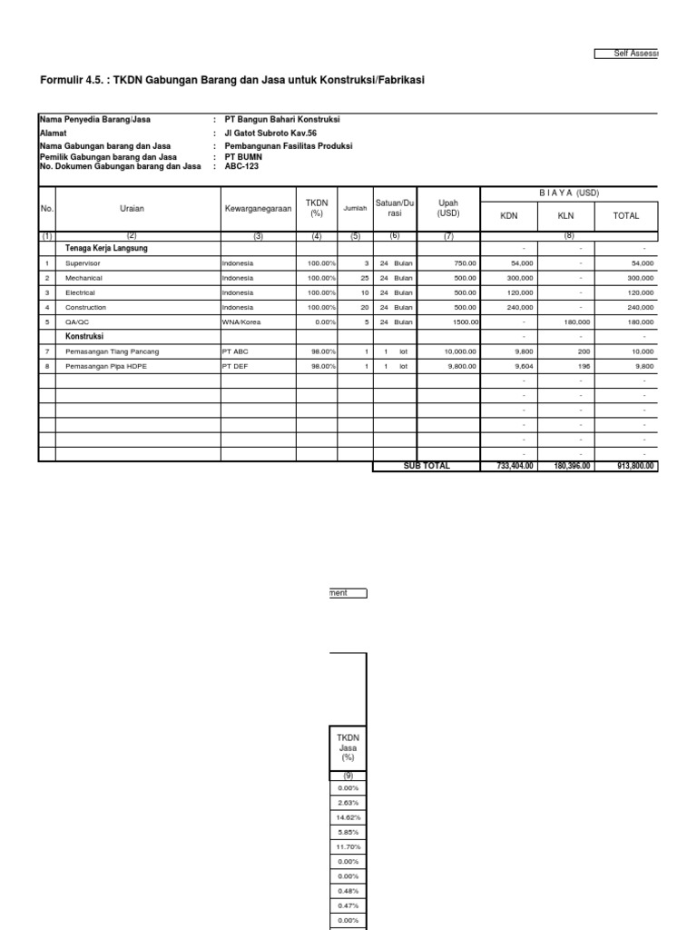 Contoh Form 4.5 Isian TKDN Barang&Jasa - Depperin | PDF