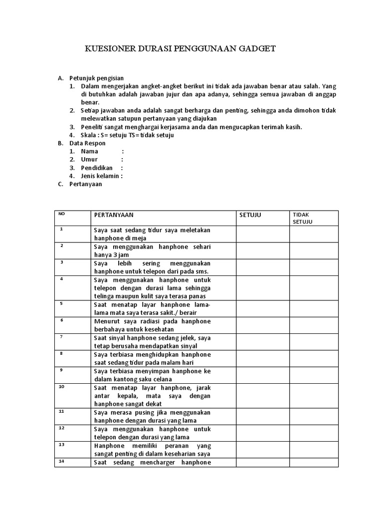 Kuesioner Durasi Penggunaan Gadget | PDF