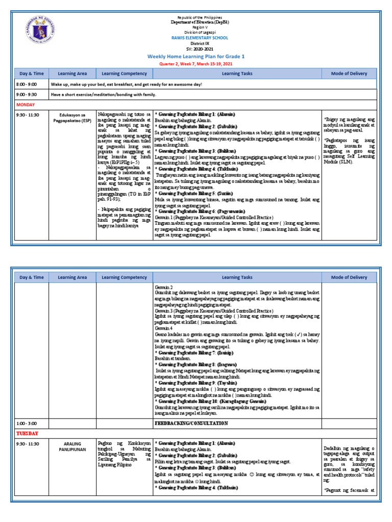 WHLP Detailed Grade 1 q2 w7 All Subjects | PDF