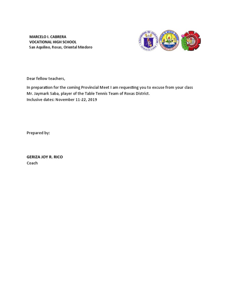 Excusal Request for Table Tennis Player | PDF