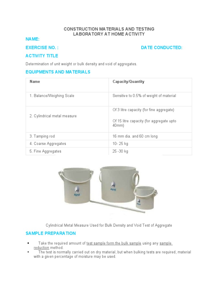 Construction Materials and Testing Exercises No. 1 | PDF | Density | Volume