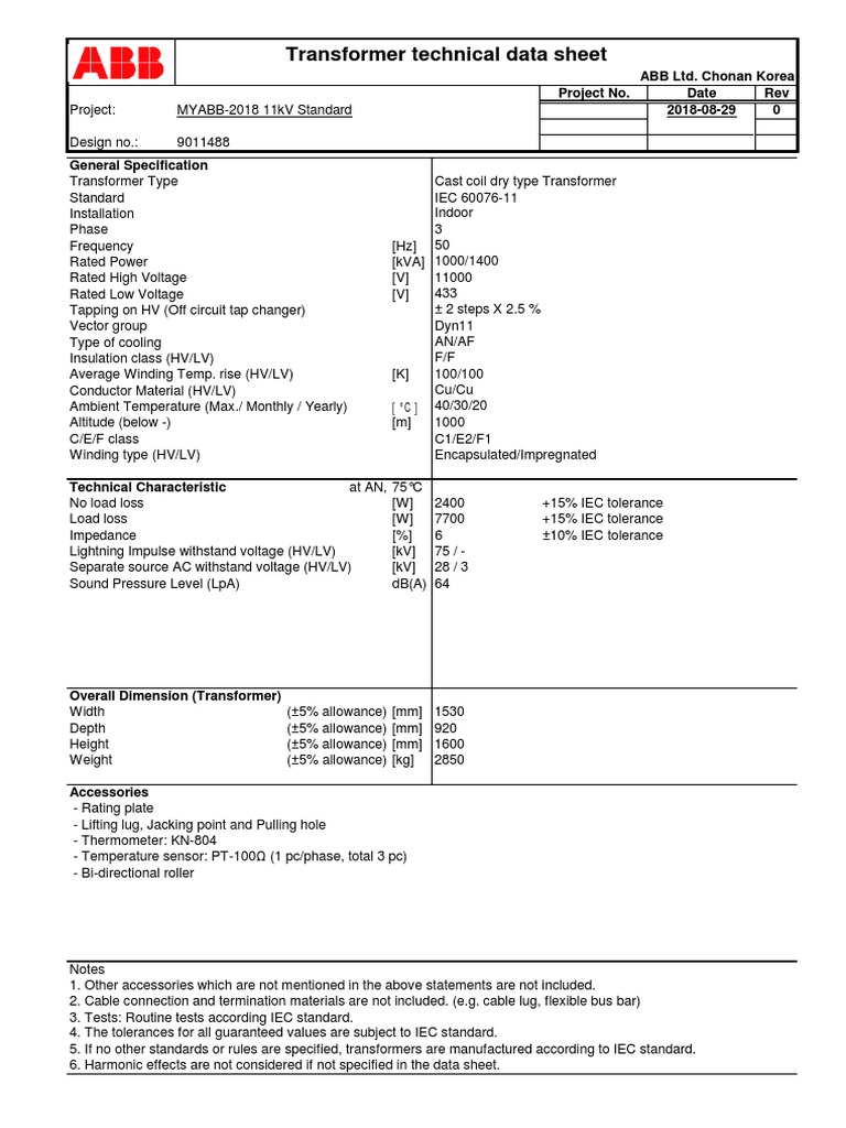 1000kVA AF 11kV Standard-Data Sheet - ABB | PDF | Transformer | Power ...