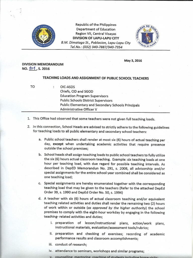 DM NO. 101 s.2016 Teaching Loads and Assignment of Public School ...