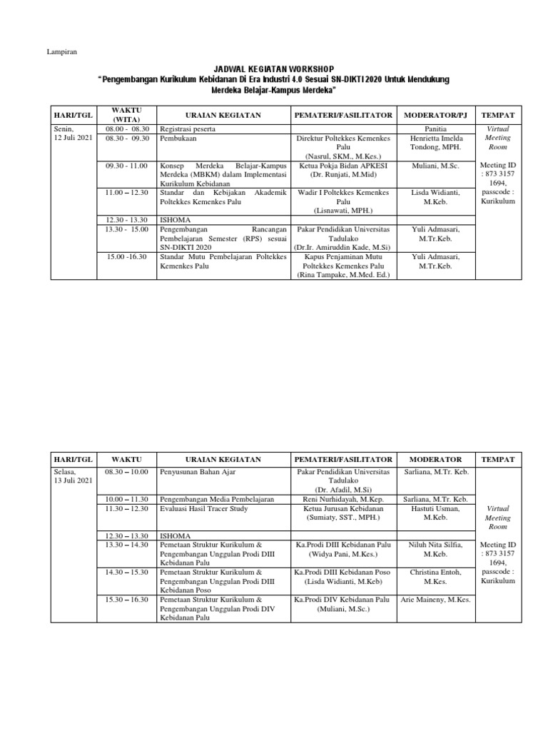 Revisi Jadwal Kegiatan Workshop Kurikulum | PDF