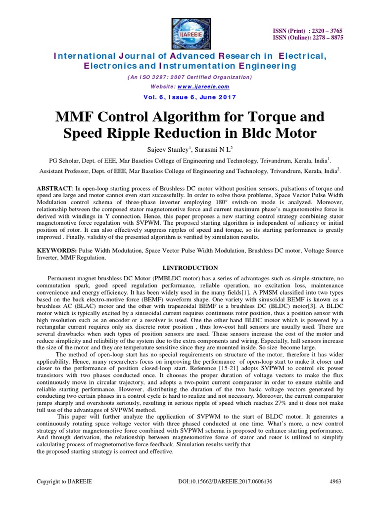 Mmf Control Algorithm For Torque And Speed Ripple Reduction In Bldc Motor Pdf Electric Motor