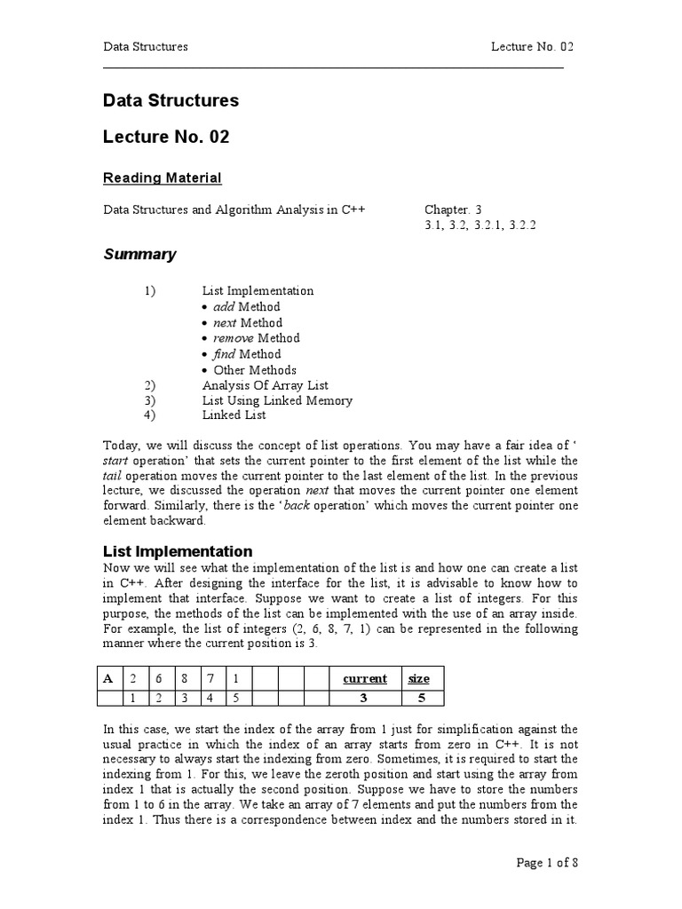 Data Structures Lecture No. 02: Reading Material | PDF | Array Data Structure | Pointer ...