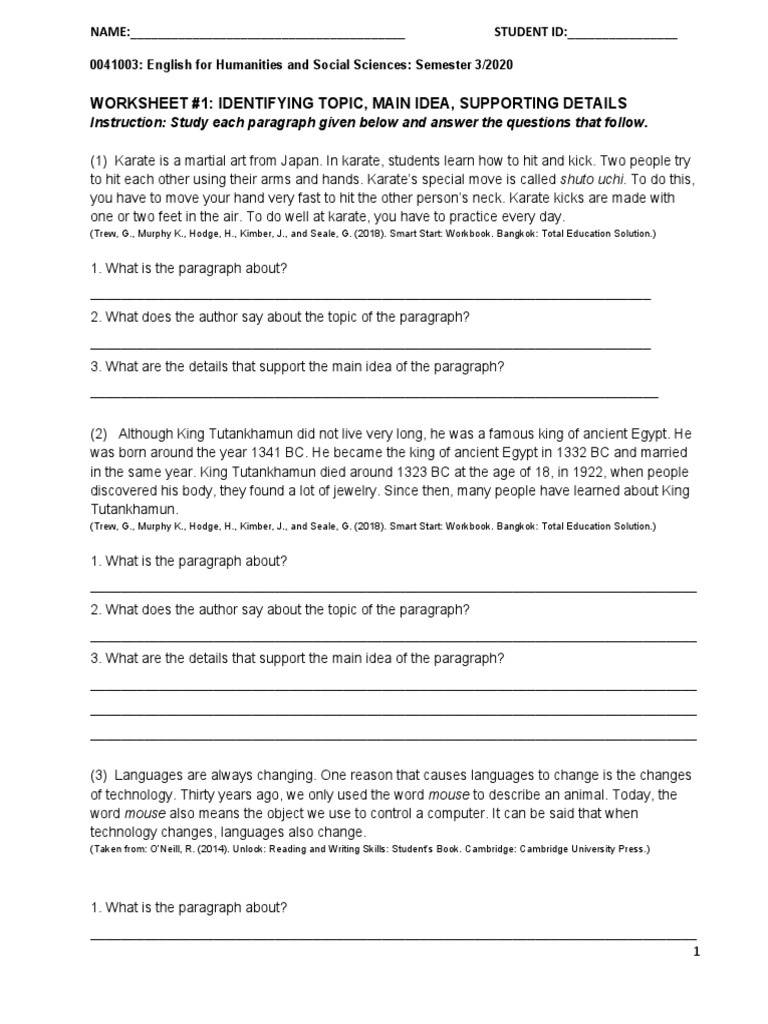 Worksheet #1: Identifying Topic, Main Idea, Supporting Details | PDF ...