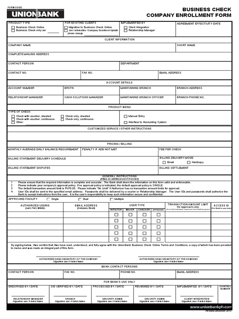 UnionBank Business Check Enrollment Form | PDF | Banks | Fee
