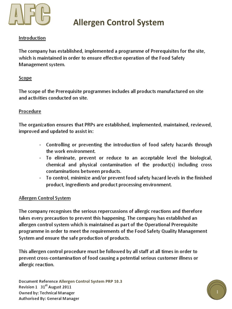 PRP 10.3 Allergen Control System | PDF | Food Allergy | Allergen