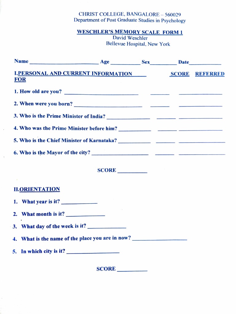Weschler's Memory Scale Form1 | PDF | Psychology