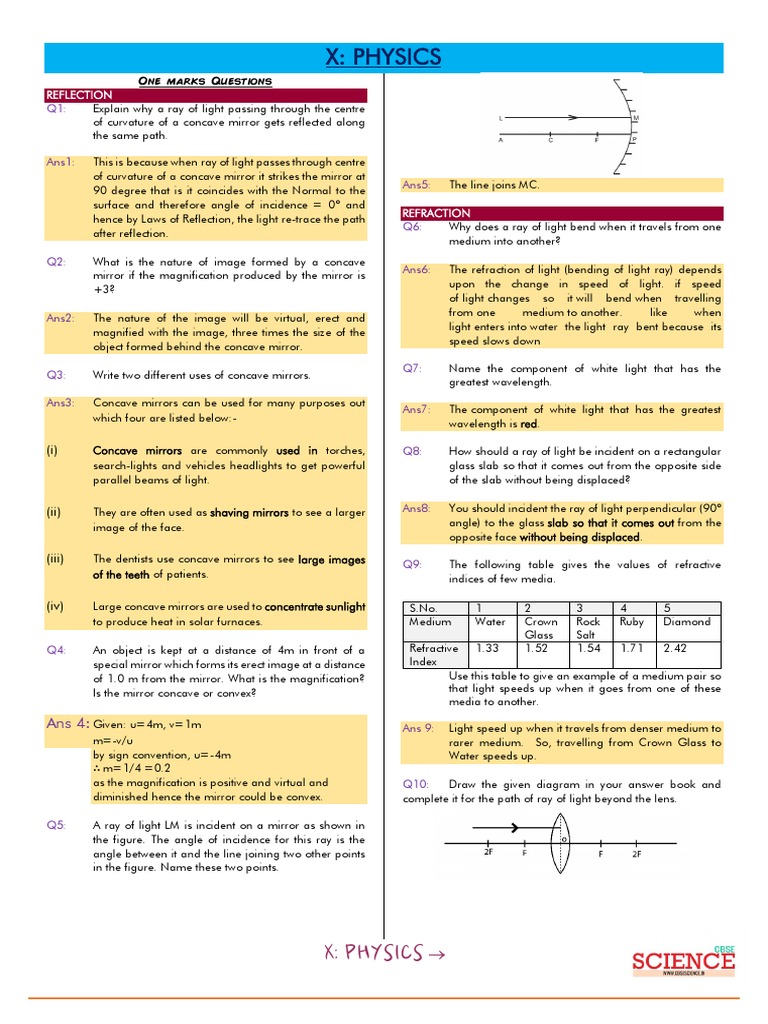 1 Mark Question Physics X Answers | PDF | Mirror | Light