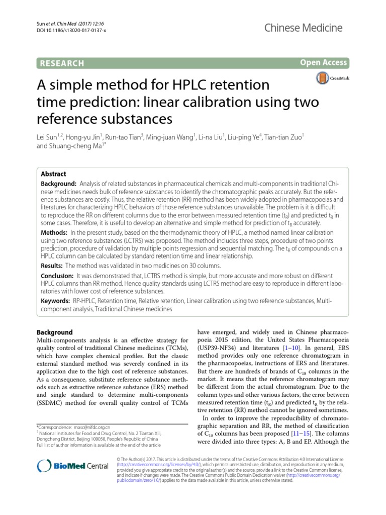A Simple Method For HPLC Retention Time Prediction: Linear Calibration ... A Simple Method For HPLC Retention Time Prediction: Linear Calibration ...
