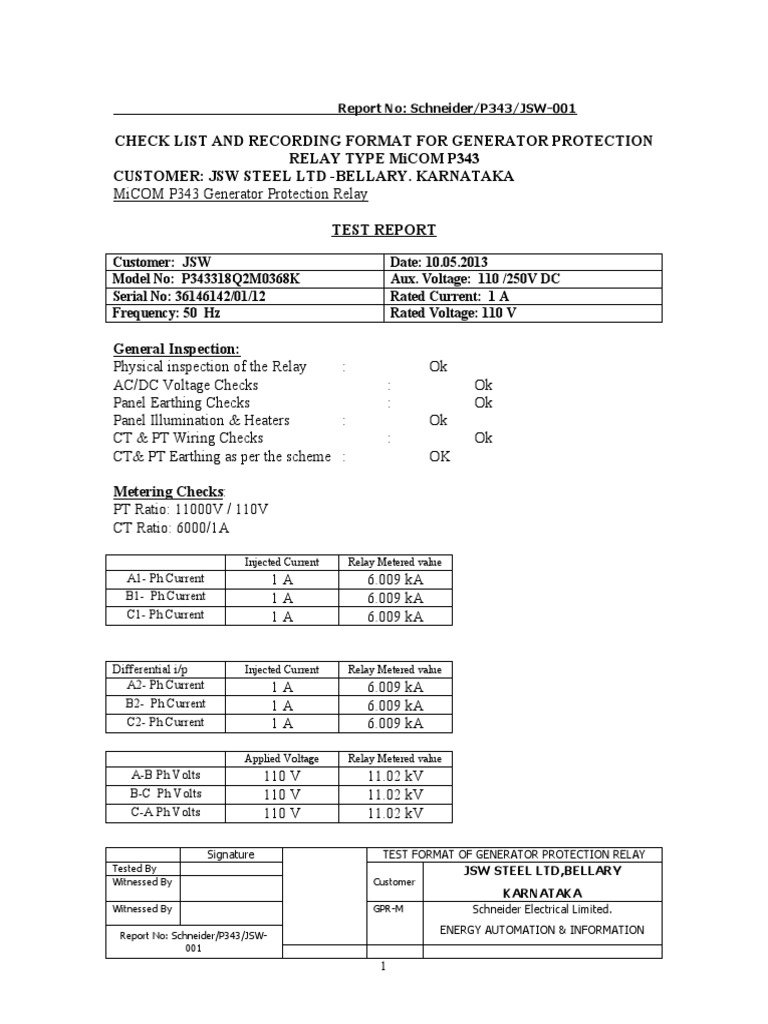 Check List and Recording Format For Generator Protection Relay Type ...