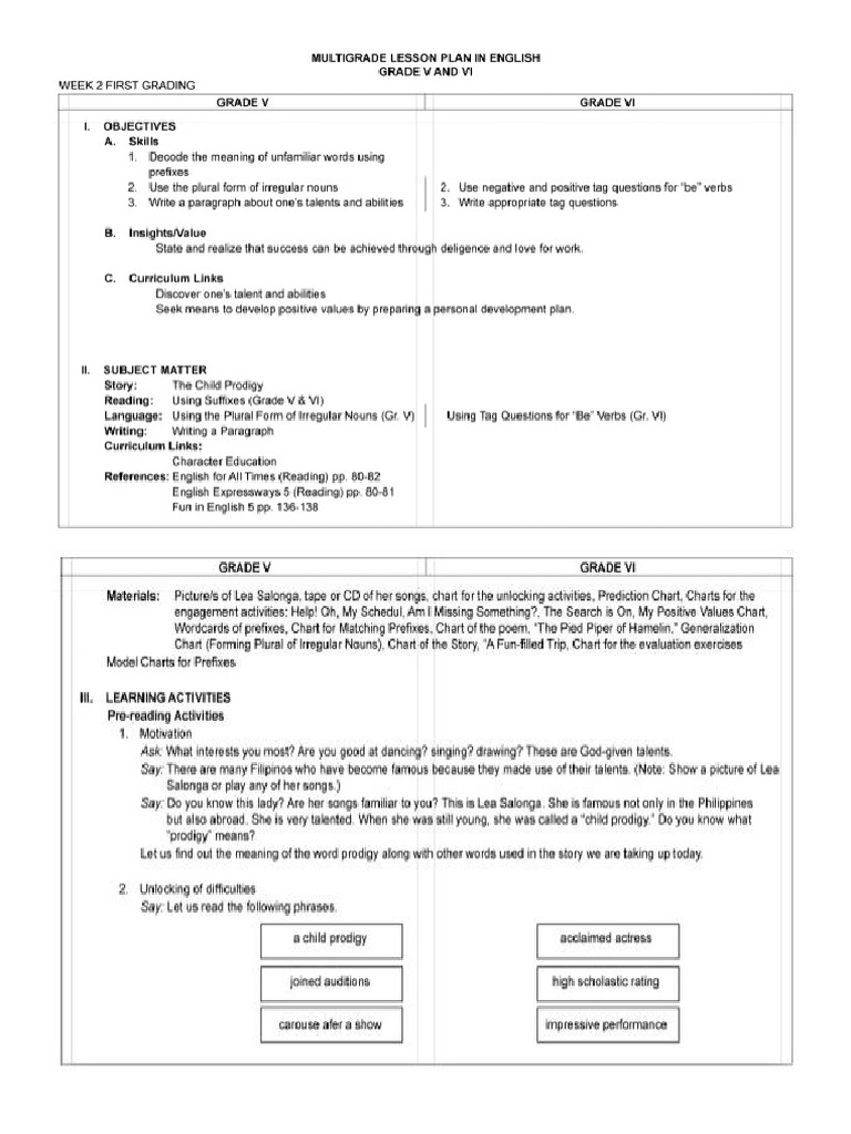 Multigrade Lesson Plan in English Grade V and Vi | PDF