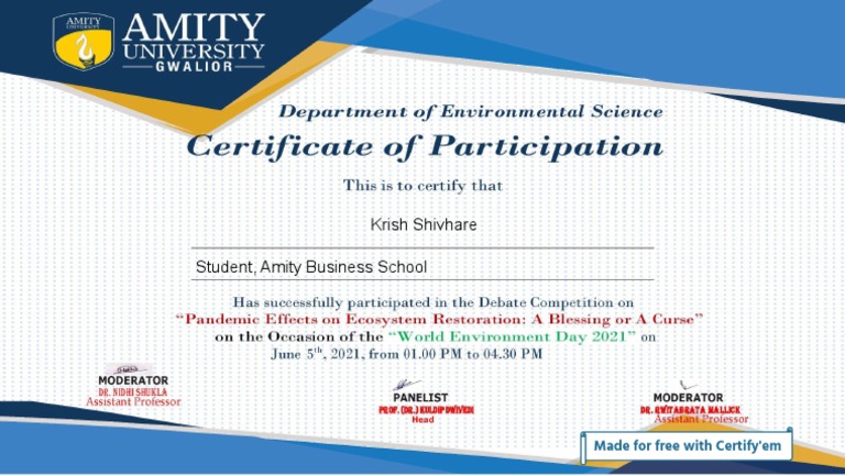 Certificate For Krish Shivhare For Debate Competition On "Pand... | PDF