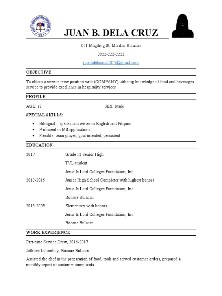 Resume For Grade 12 1 | PDF