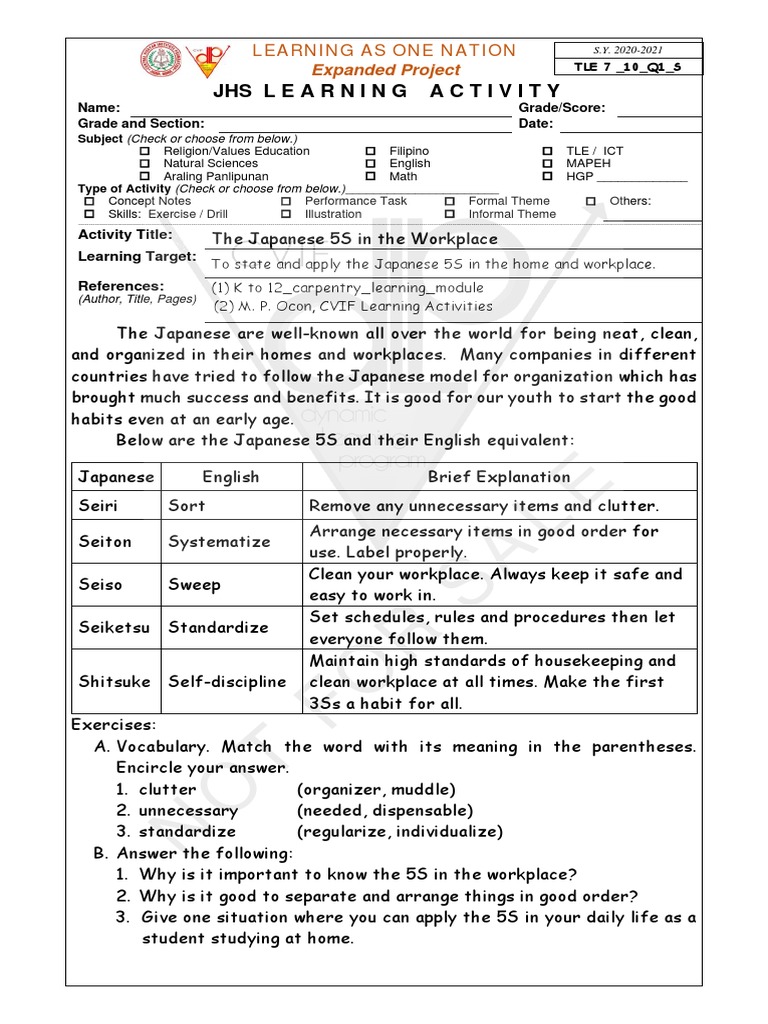 TLE 8 - Q1-Japanese5SInTheWorkplace | PDF | Cognition | Learning