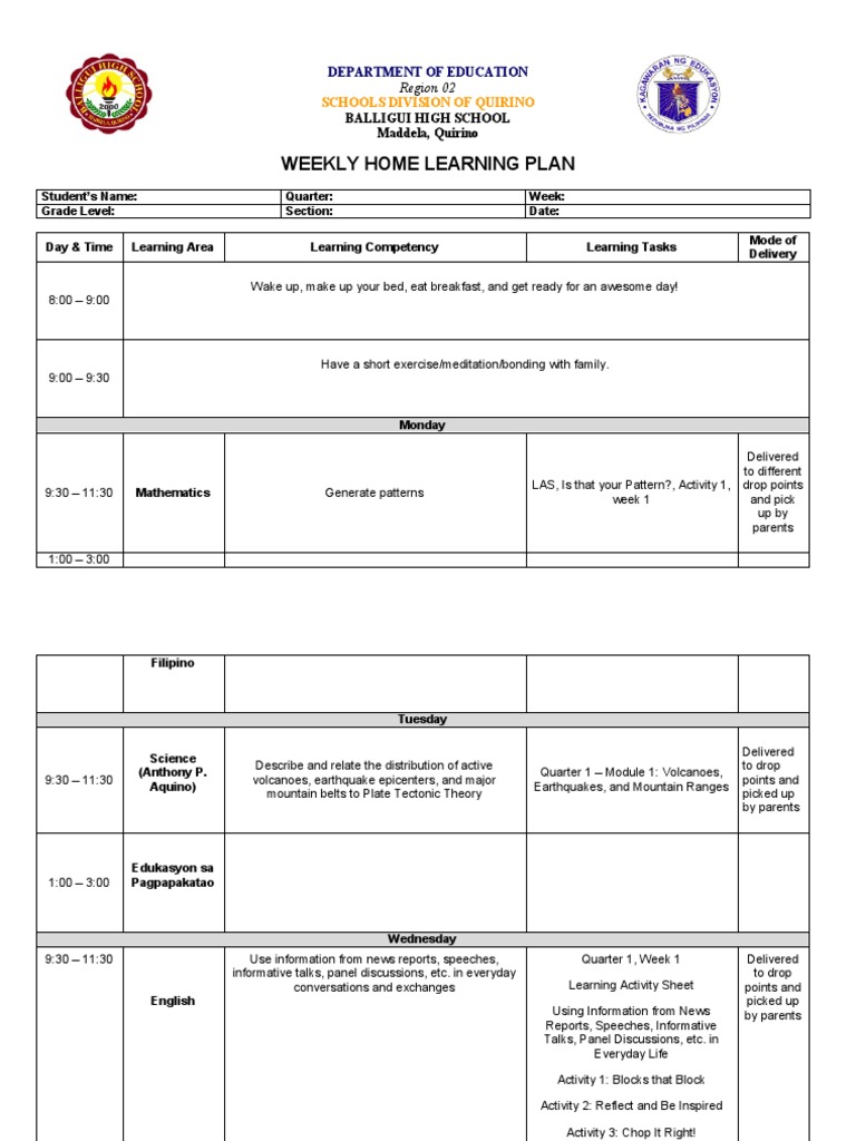 Weekly home learning plans | PDF | Cognition | Learning