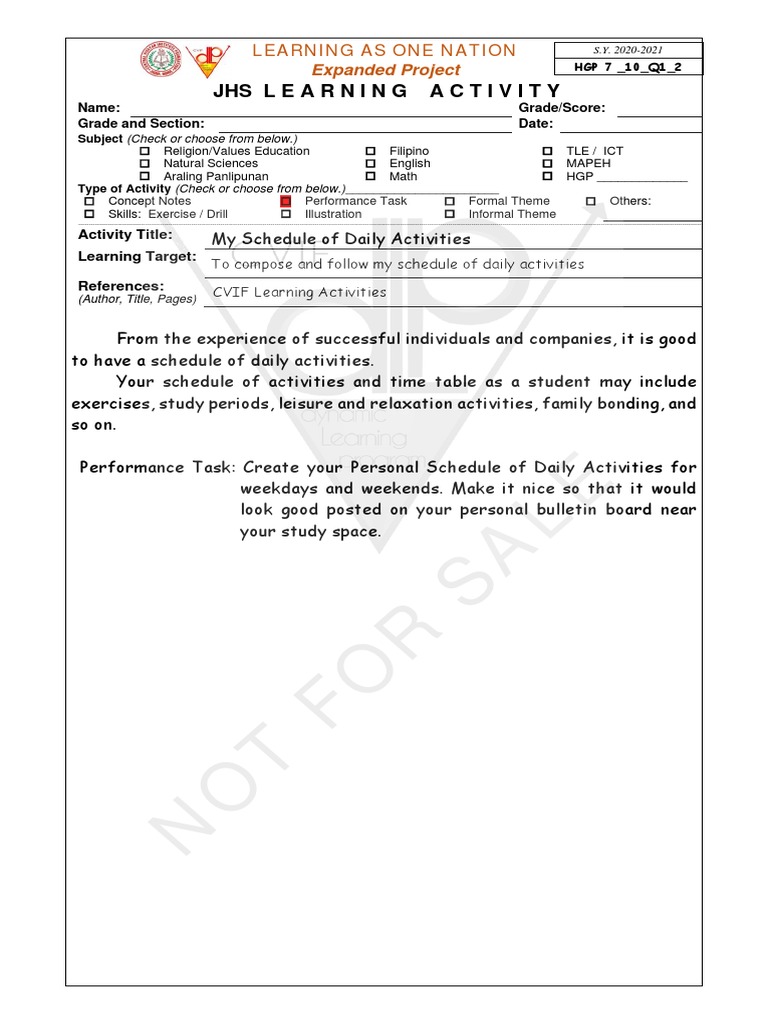 HGP 8 - Q1 - 2-Schedule of Daily Activities | PDF | Pedagogy | Behavior Modification