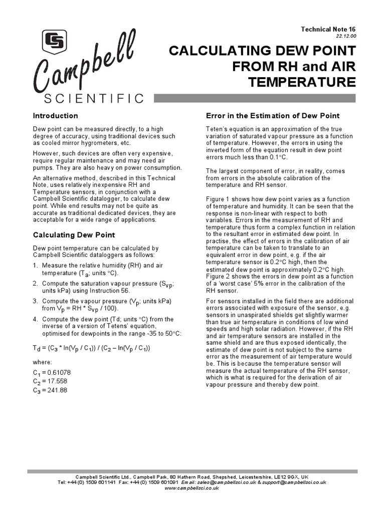 Dew Point Calculation | Download Free PDF | Humidity | Physical Chemistry