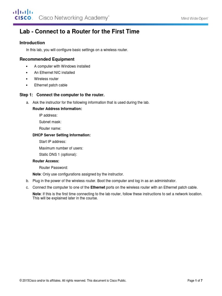 8.1.2.10 Lab - Connect To A Router For The First Time | PDF | Ip Address | Router (Computing)