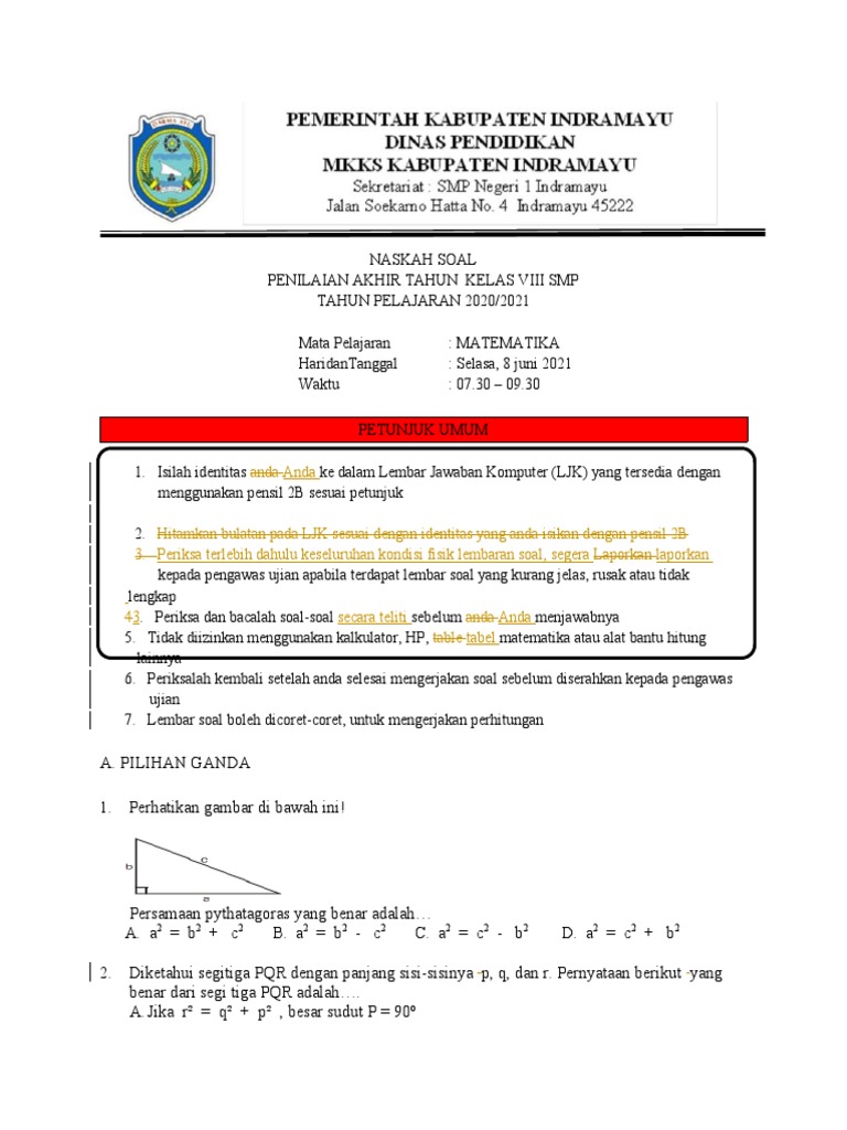 SOAL PAT MATEMATIKA - 8 K2013 - P1 - 2021-Hasil Revisi | PDF | Metode & Bahan Ajar