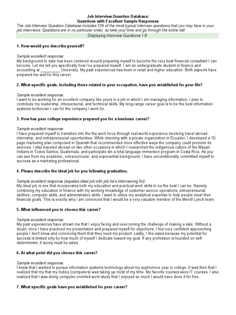 Job Interview Question Database | PDF | Goal | Sales