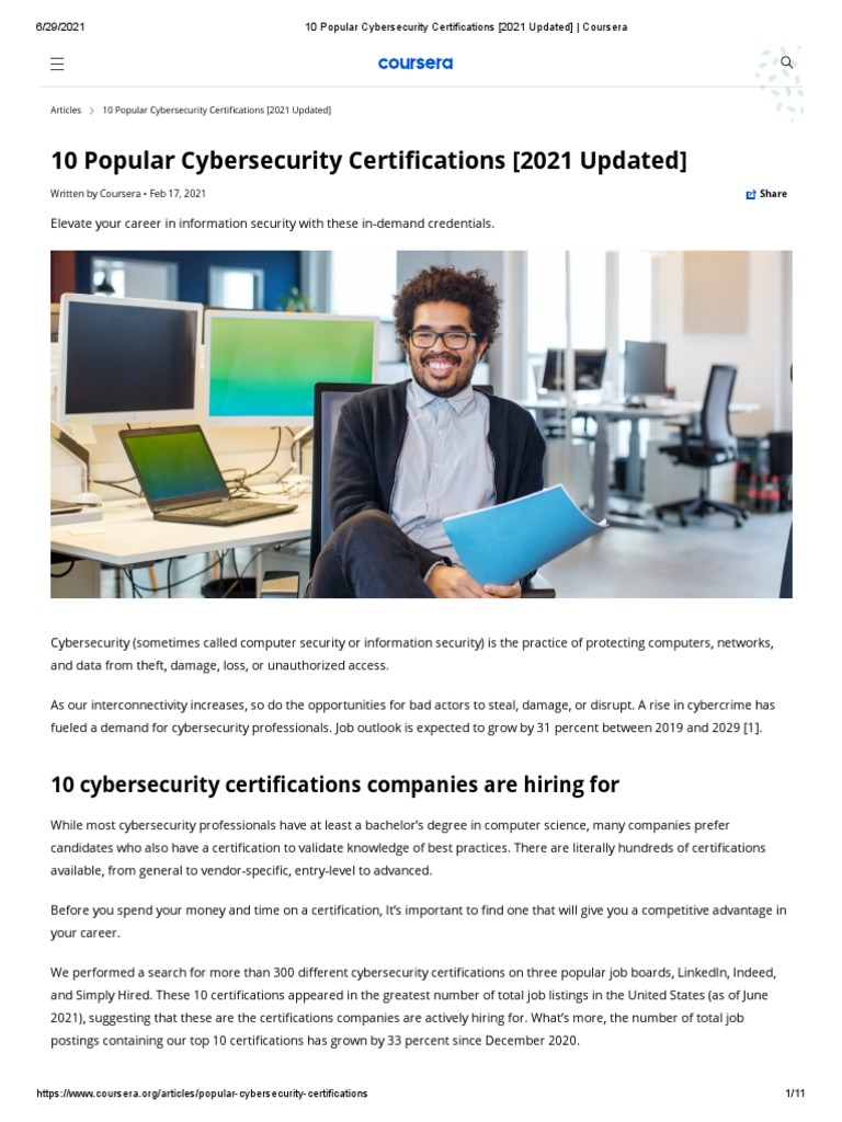 10 Popular Cybersecurity Certifications (2021 Updated) Coursera | PDF ...