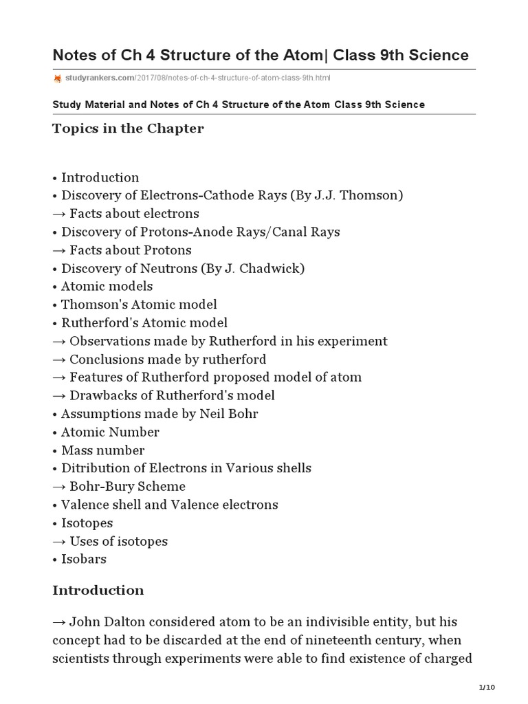 Notes of CH 4 Structure of The Atom Class 9th Science | PDF | Atoms ...
