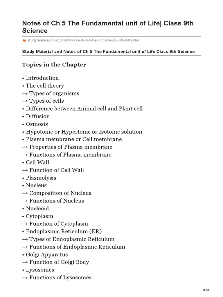 Notes of CH 5 The Fundamental Unit of Life Class 9th Science | PDF ...