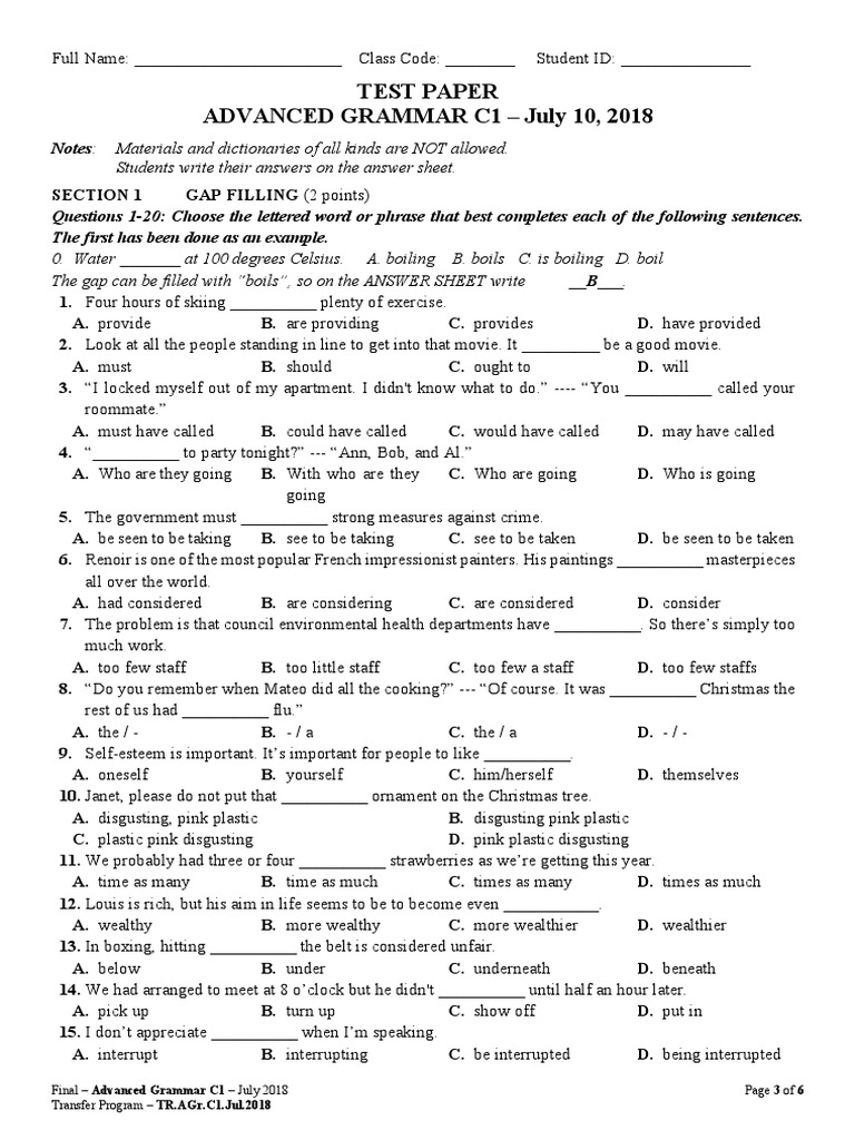 Test Paper ADVANCED GRAMMAR C1 - July 10, 2018: Students Write Their ...