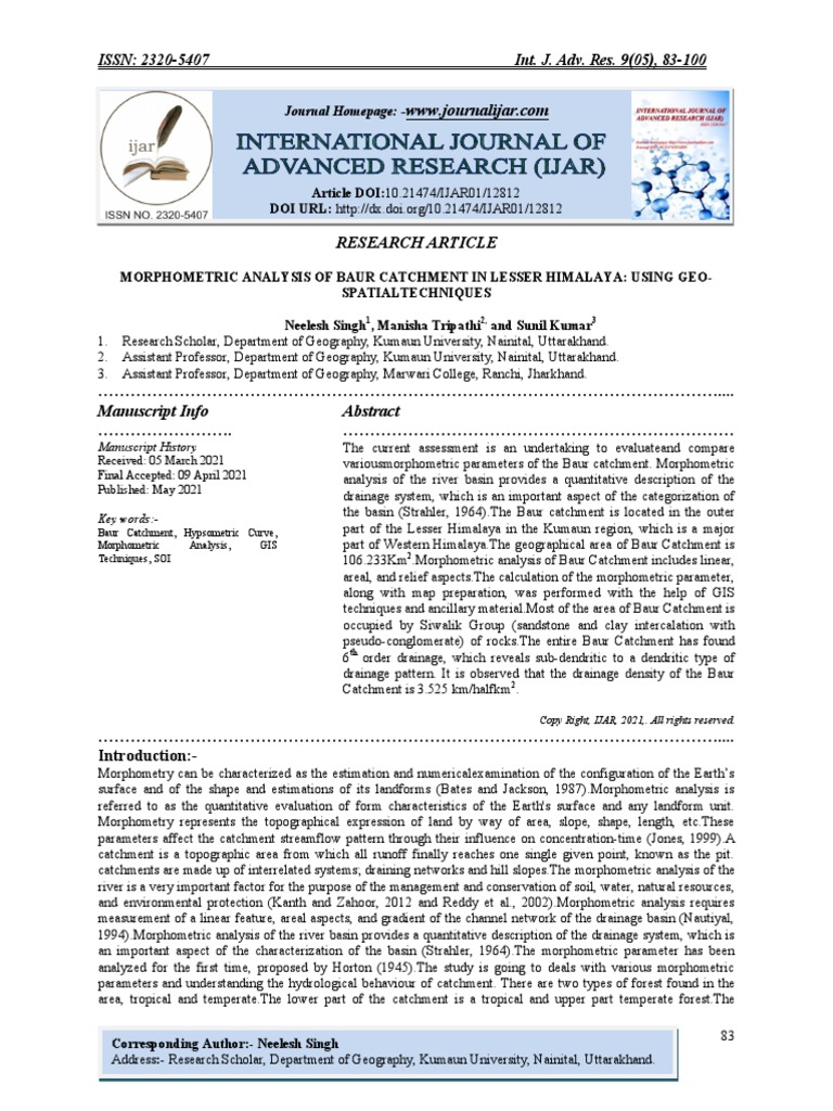 Morphometric Analysis of Baur Catchment in Lesser Himalaya: Using Geo ...