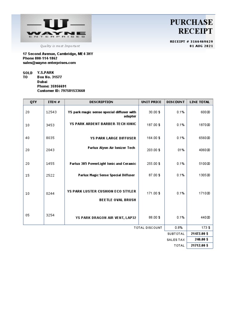 Purchase Receipt YSPARK1 | PDF