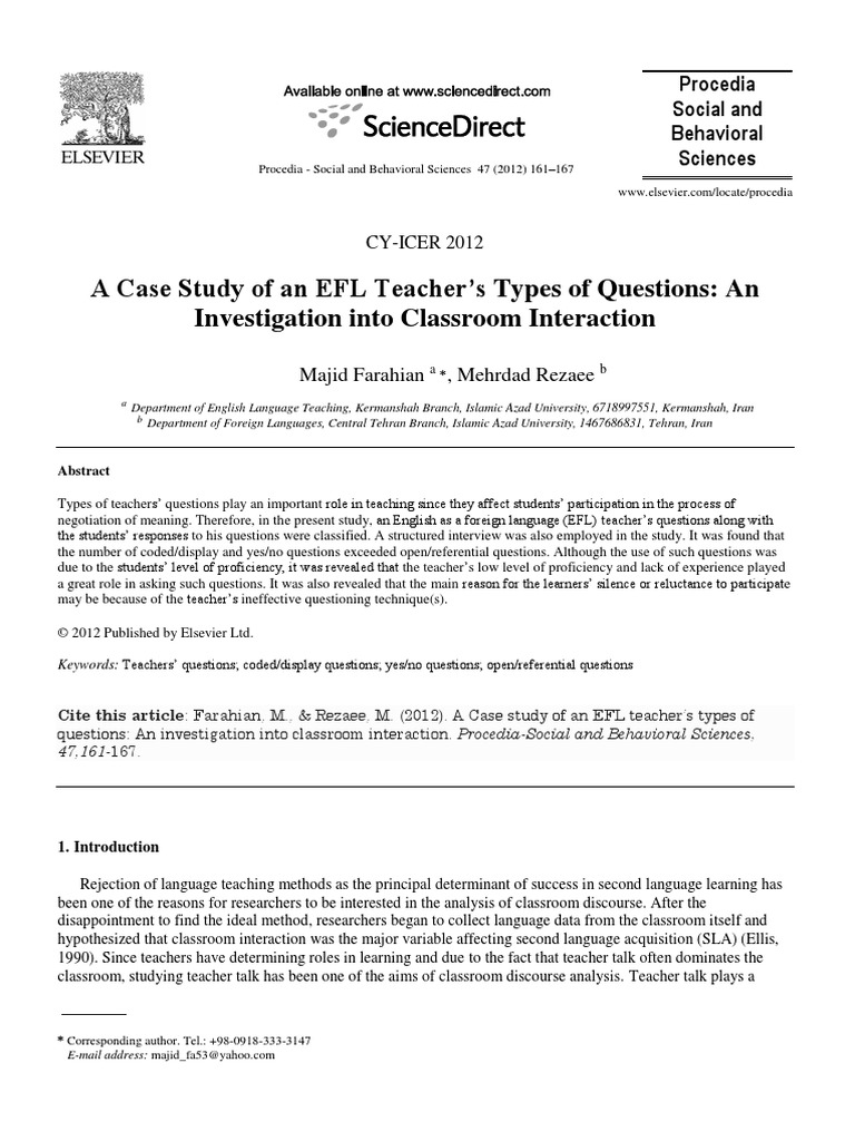 A Case Study of An EFL Teacher's Types of Questions: An Investigation ...