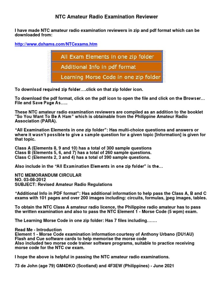 NTC Amateur Radio Exam Review Materials | PDF