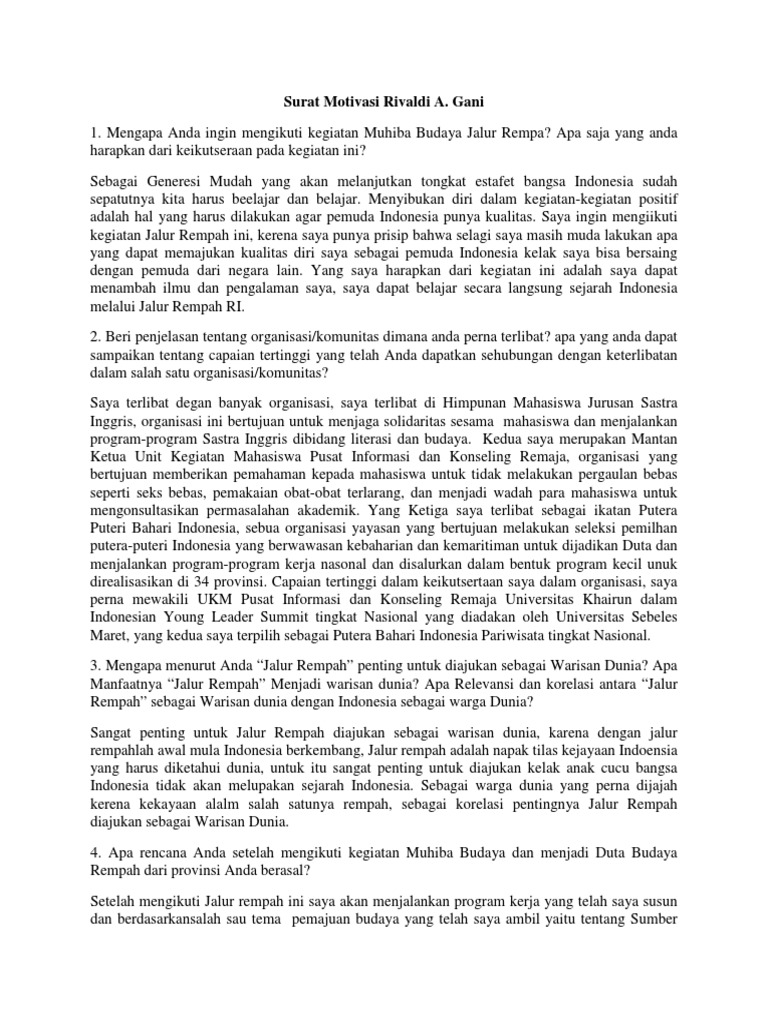 Surat Motivasi Rivali A Gani | PDF | Karier & Perkembangan | Perjalanan